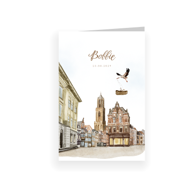 Geboortekaartje Utrecht met de dom en een ooievaar