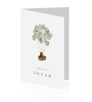 Getekend geboortekaartje met een beer in een mand met groene ballonnen